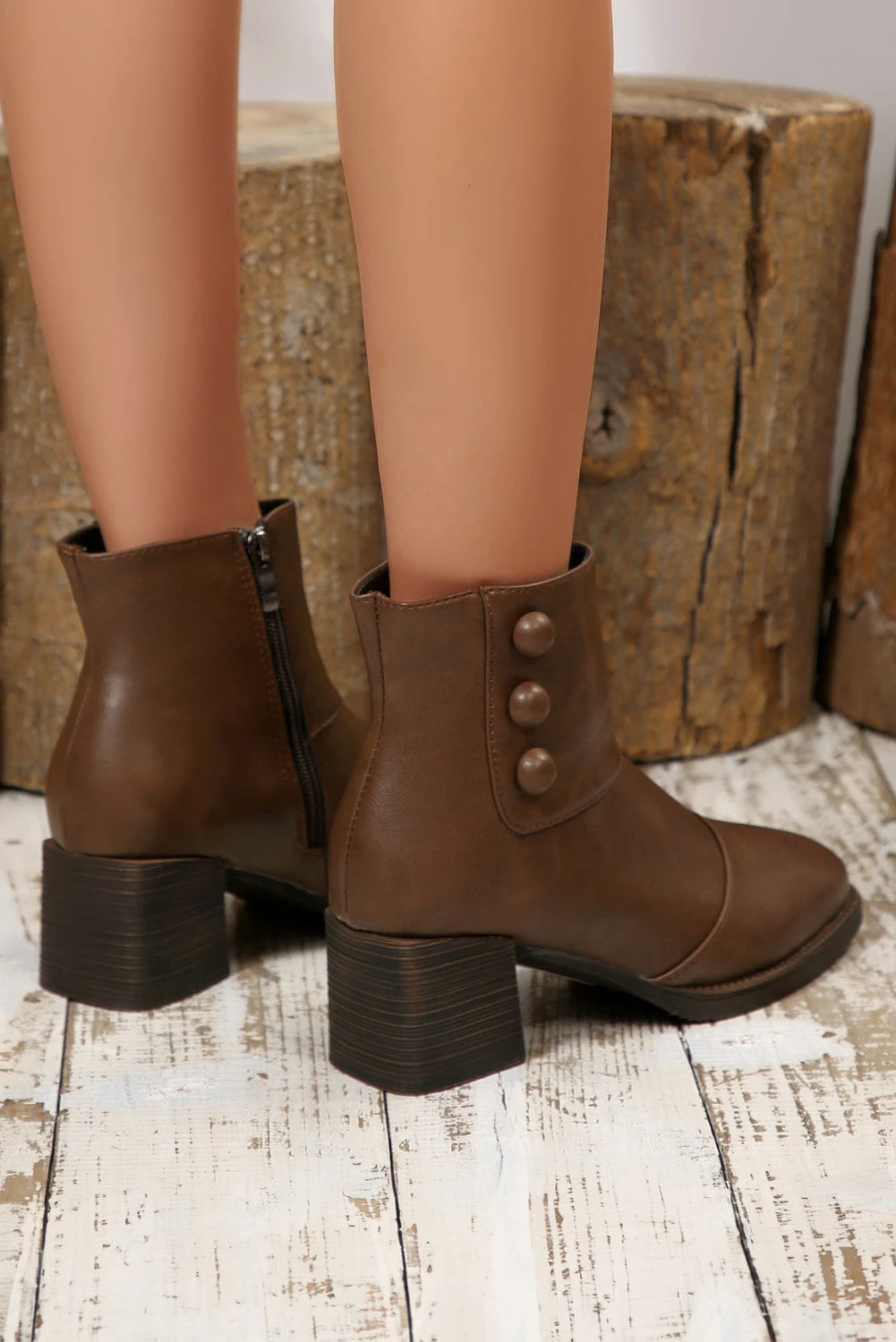 Coffee Ball Button Zip Side Faux Leather Heeled Boots – LOVESOFT