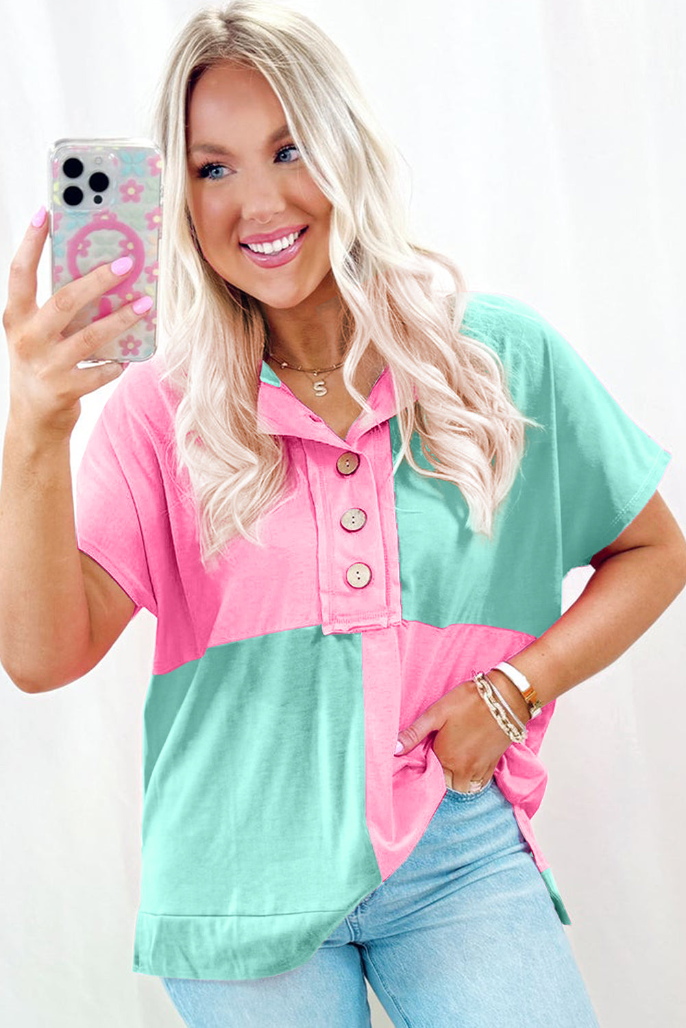 Mint Green Two Tone Half Buttons Collared T Shirt – LOVESOFT