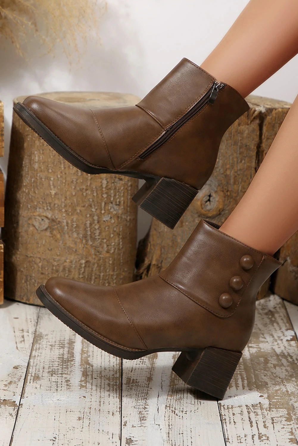 Coffee Ball Button Zip Side Faux Leather Heeled Boots – LOVESOFT