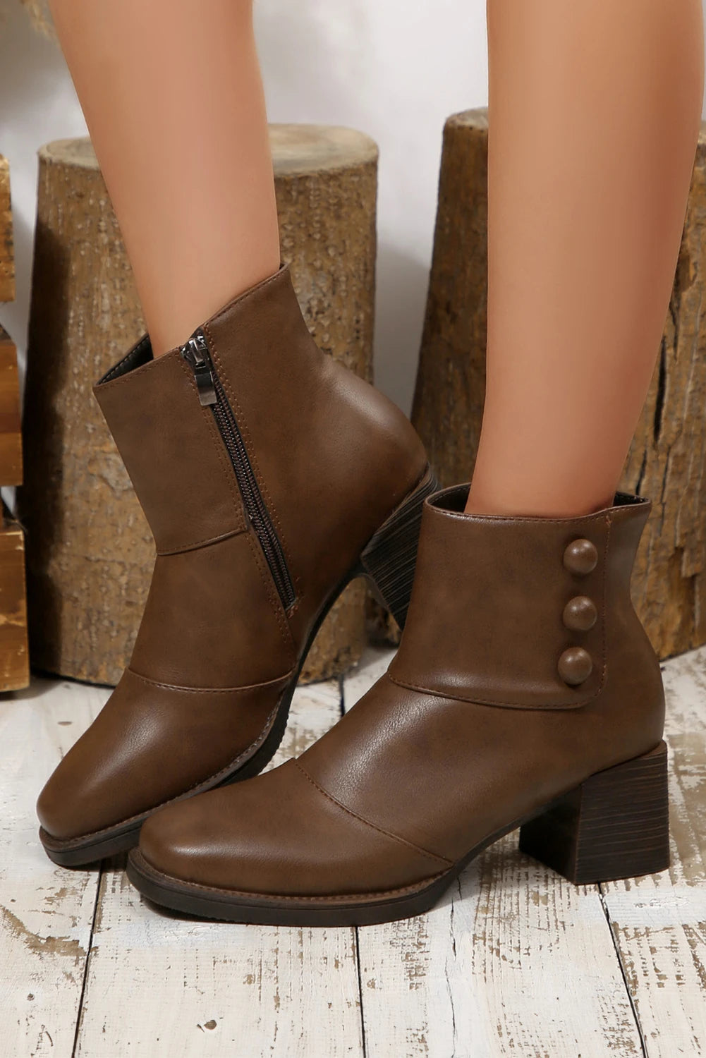 Coffee Ball Button Zip Side Faux Leather Heeled Boots – LOVESOFT