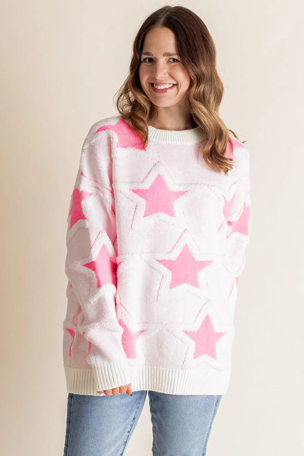 Sachet Pink Oversized Cute Star Pattern Ribbed Edge Drop Shoulder Swea – LOVESOFT